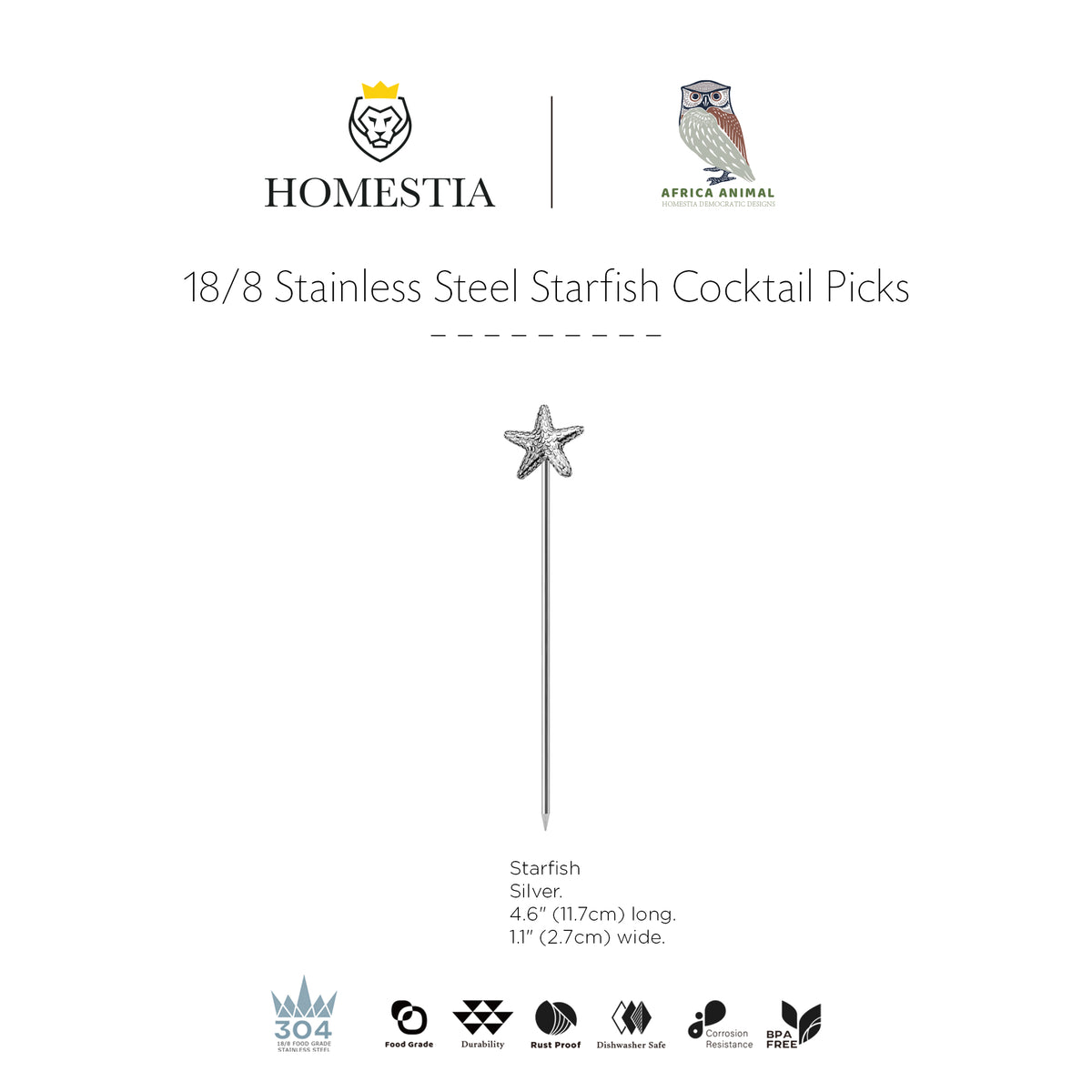4.7" Stainless-Steel Starfish Cocktail Picks, Set of 6 | Homestia
