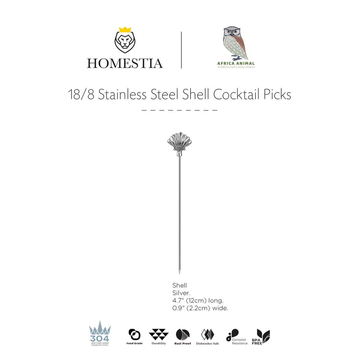 4.7" Stainless-Steel Shell Cocktail Picks, Set of 6 | Homestia